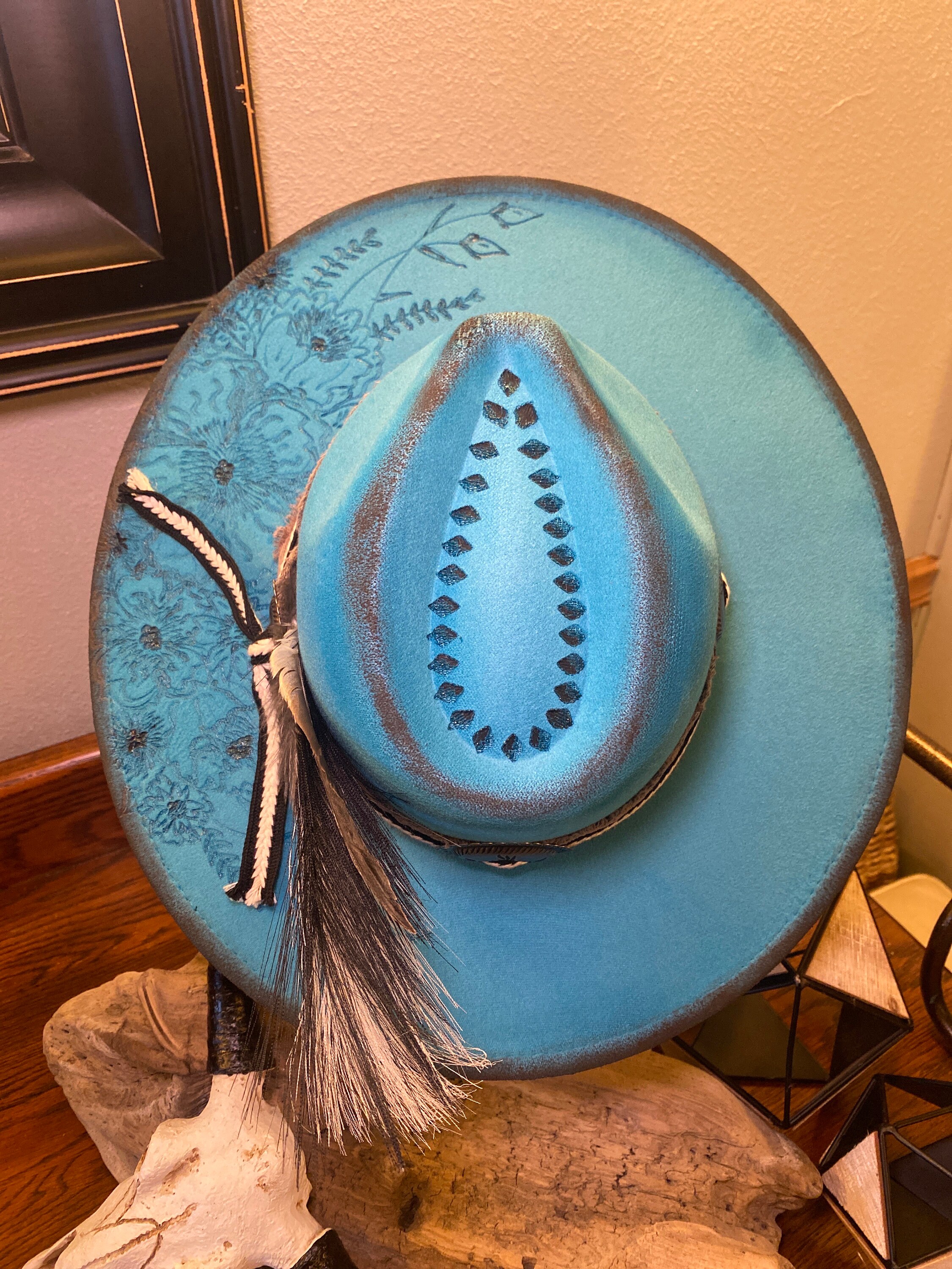 Hand Burned and Distressed Turquoise Wide Flat Brim Rancher Fedora Hat ...