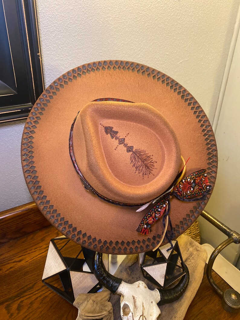 Brown Wide Brim Hand Burned Fedora With Hand Made Black and Red Ribbon ...