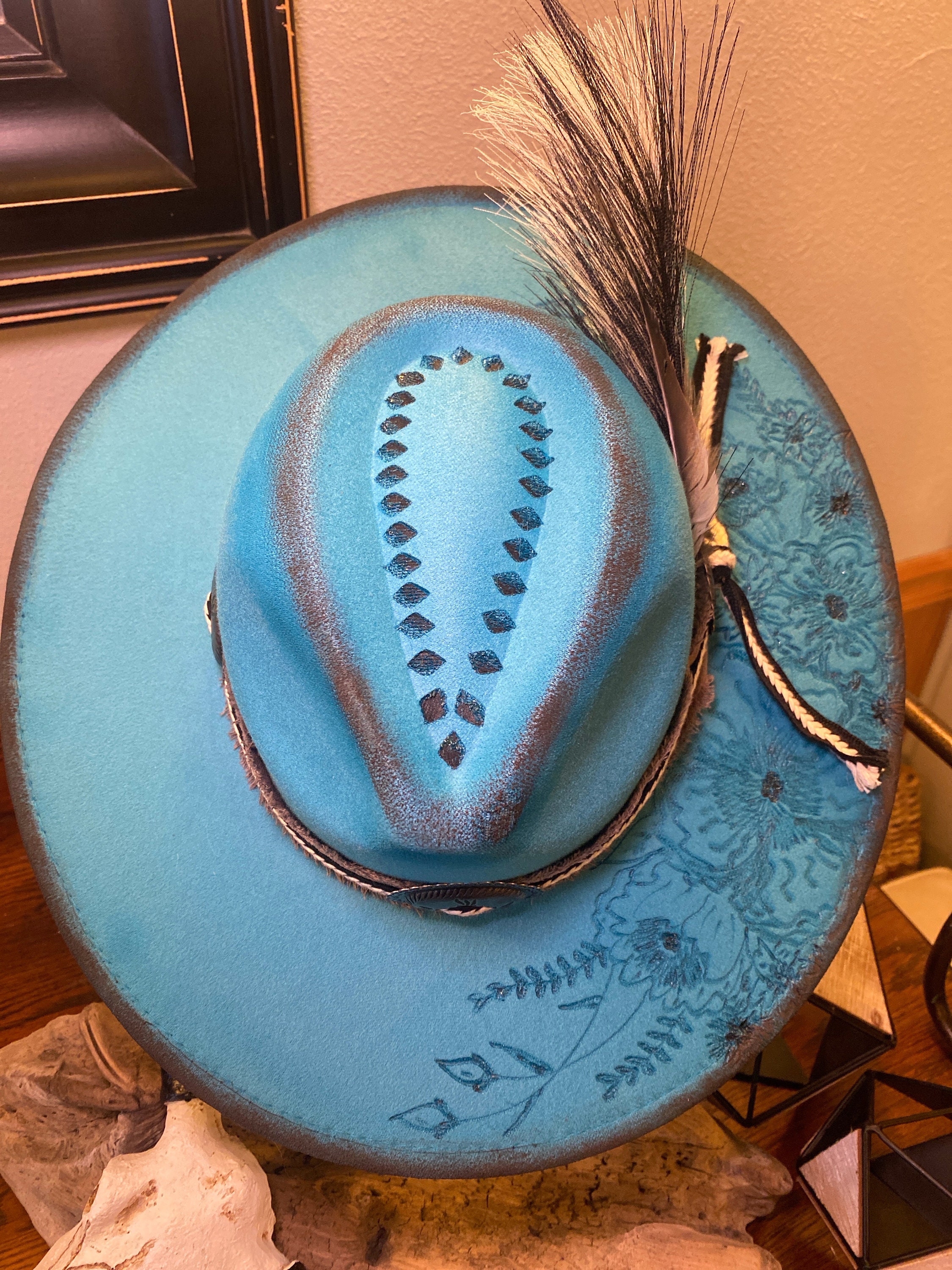 Hand Burned and Distressed Turquoise Wide Flat Brim Rancher Fedora Hat ...