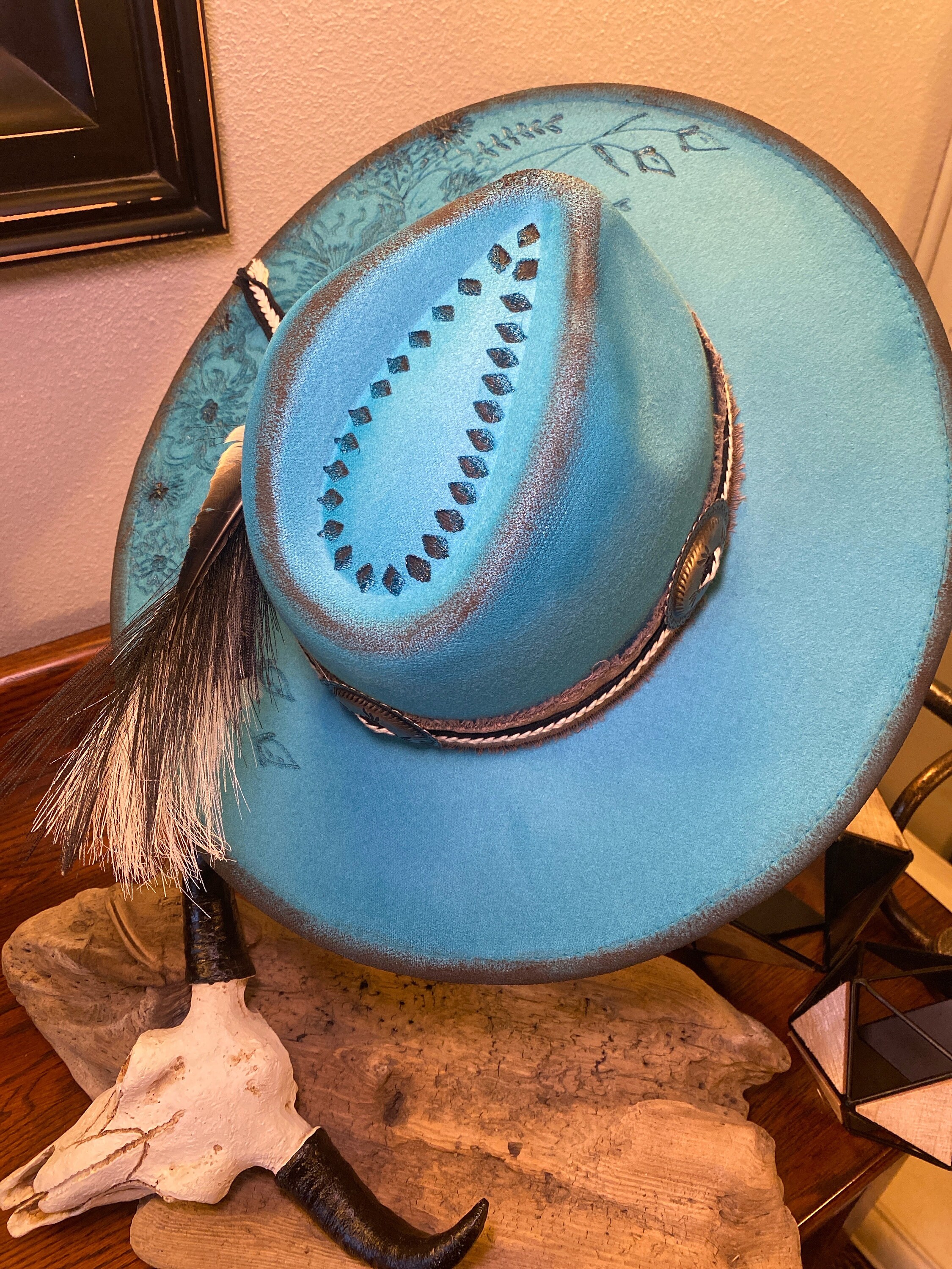 Hand Burned and Distressed Turquoise Wide Flat Brim Rancher Fedora Hat ...