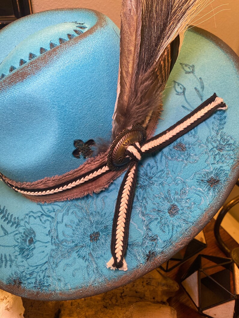 Hand Burned and Distressed Turquoise Wide Flat Brim Rancher Fedora Hat ...