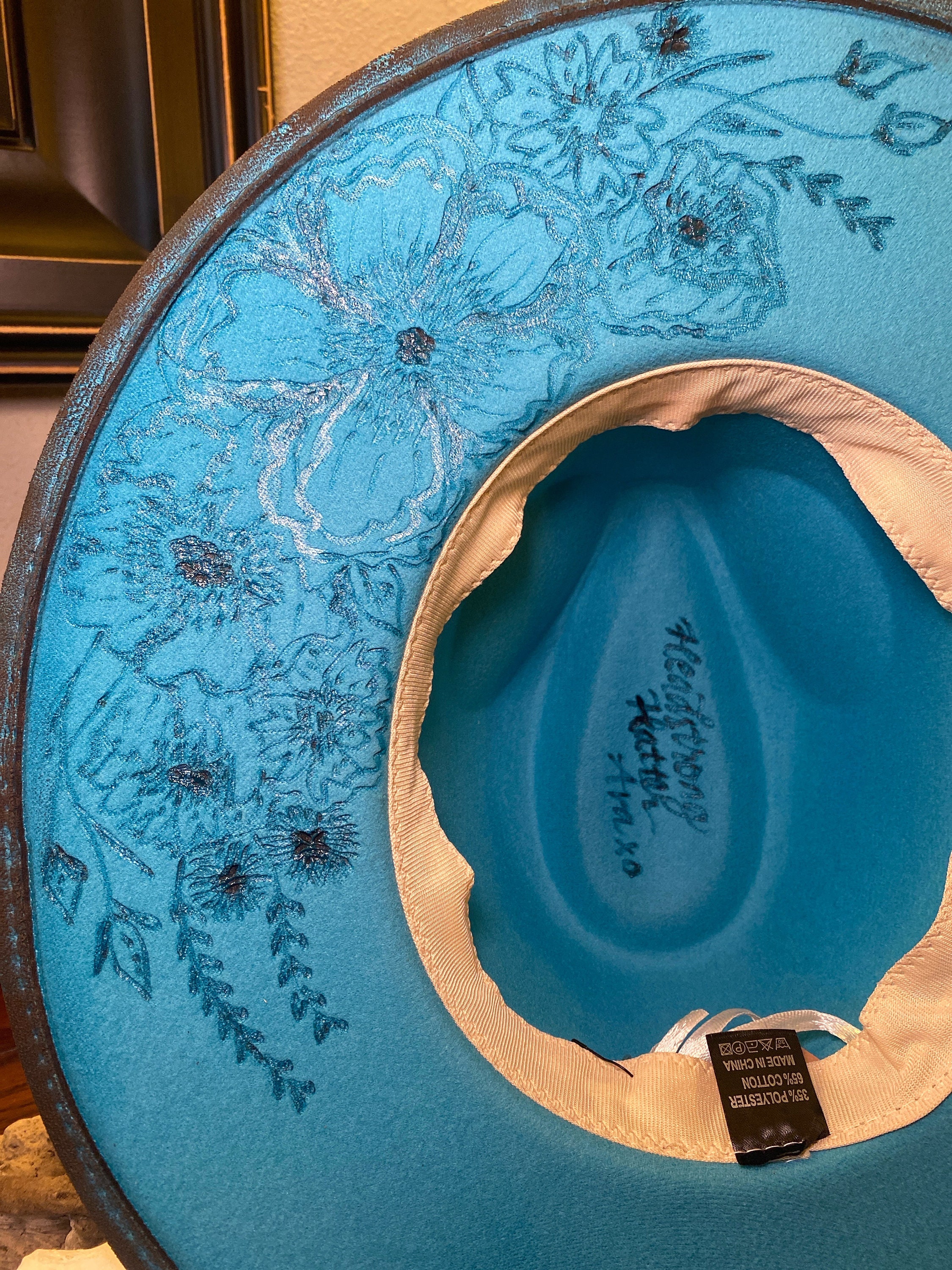 Hand Burned and Distressed Turquoise Wide Flat Brim Rancher Fedora Hat ...