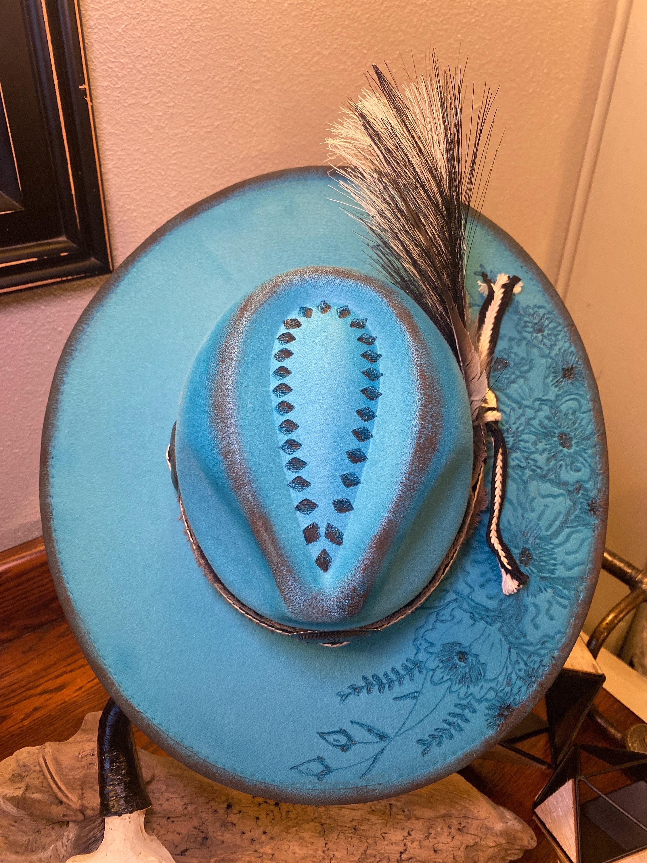 Hand Burned and Distressed Turquoise Wide Flat Brim Rancher Fedora Hat ...