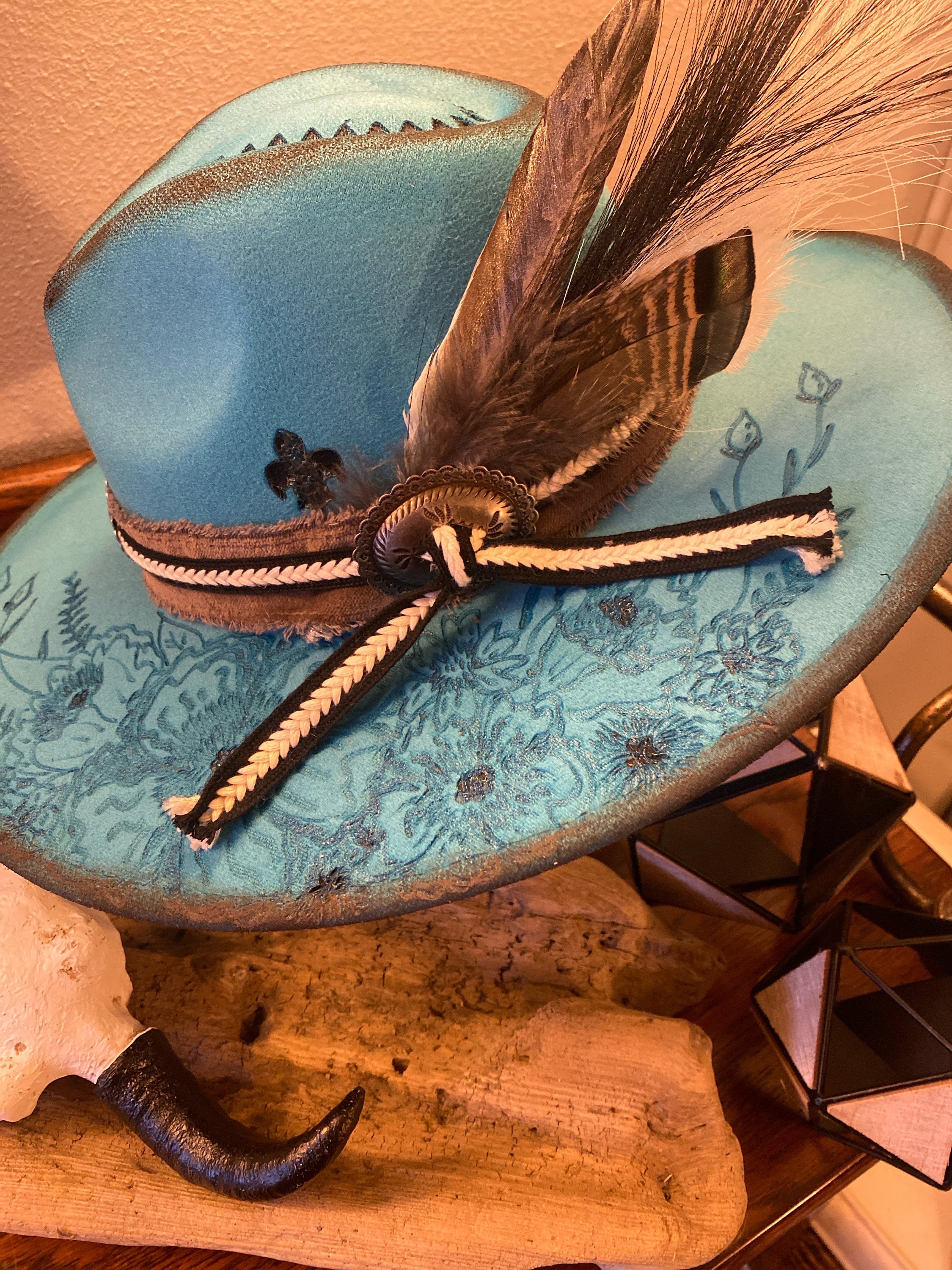 Hand Burned and Distressed Turquoise Wide Flat Brim Rancher Fedora Hat ...