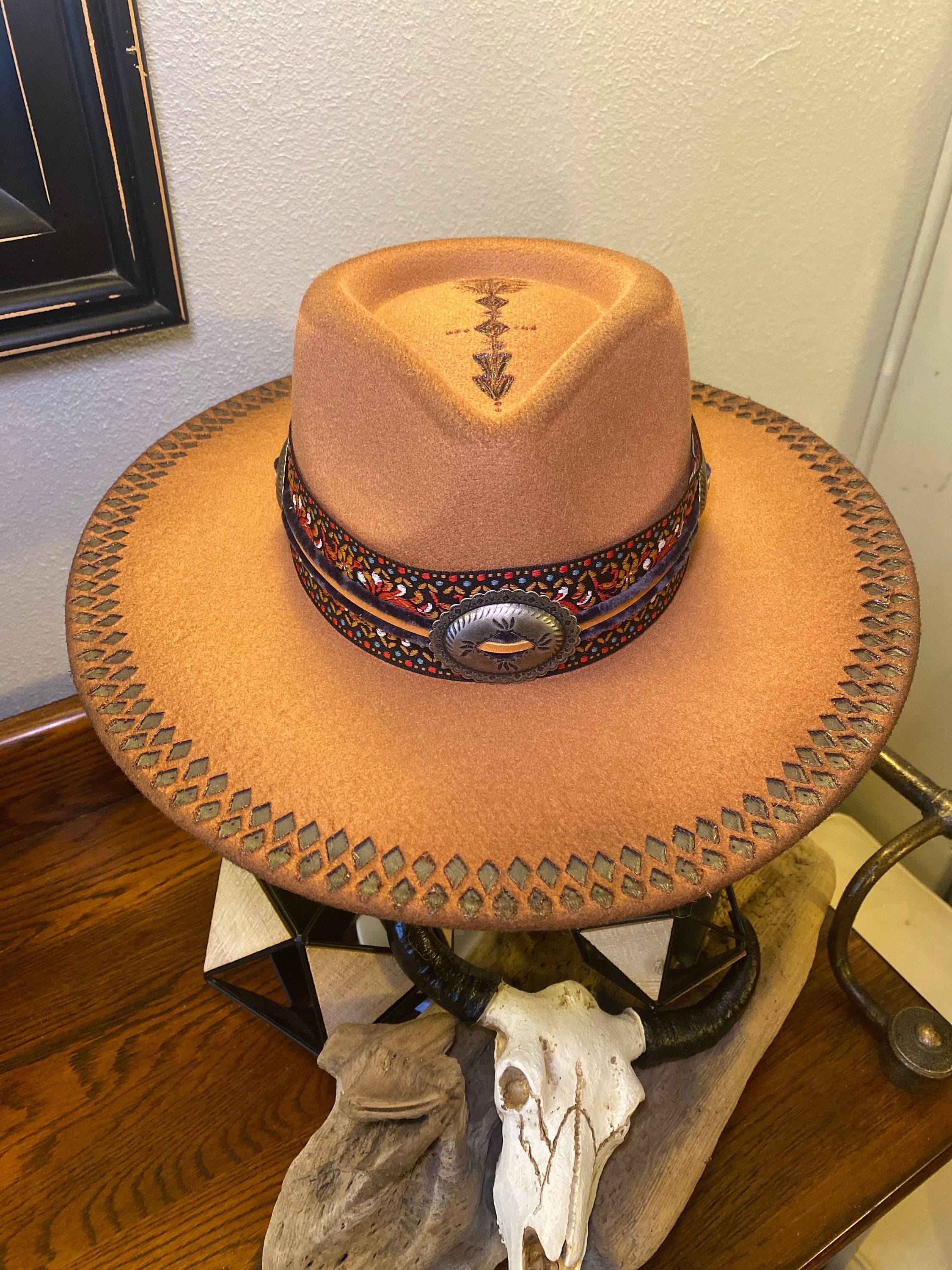 Brown Wide Brim Hand Burned Fedora With Hand Made Black and Red Ribbon ...