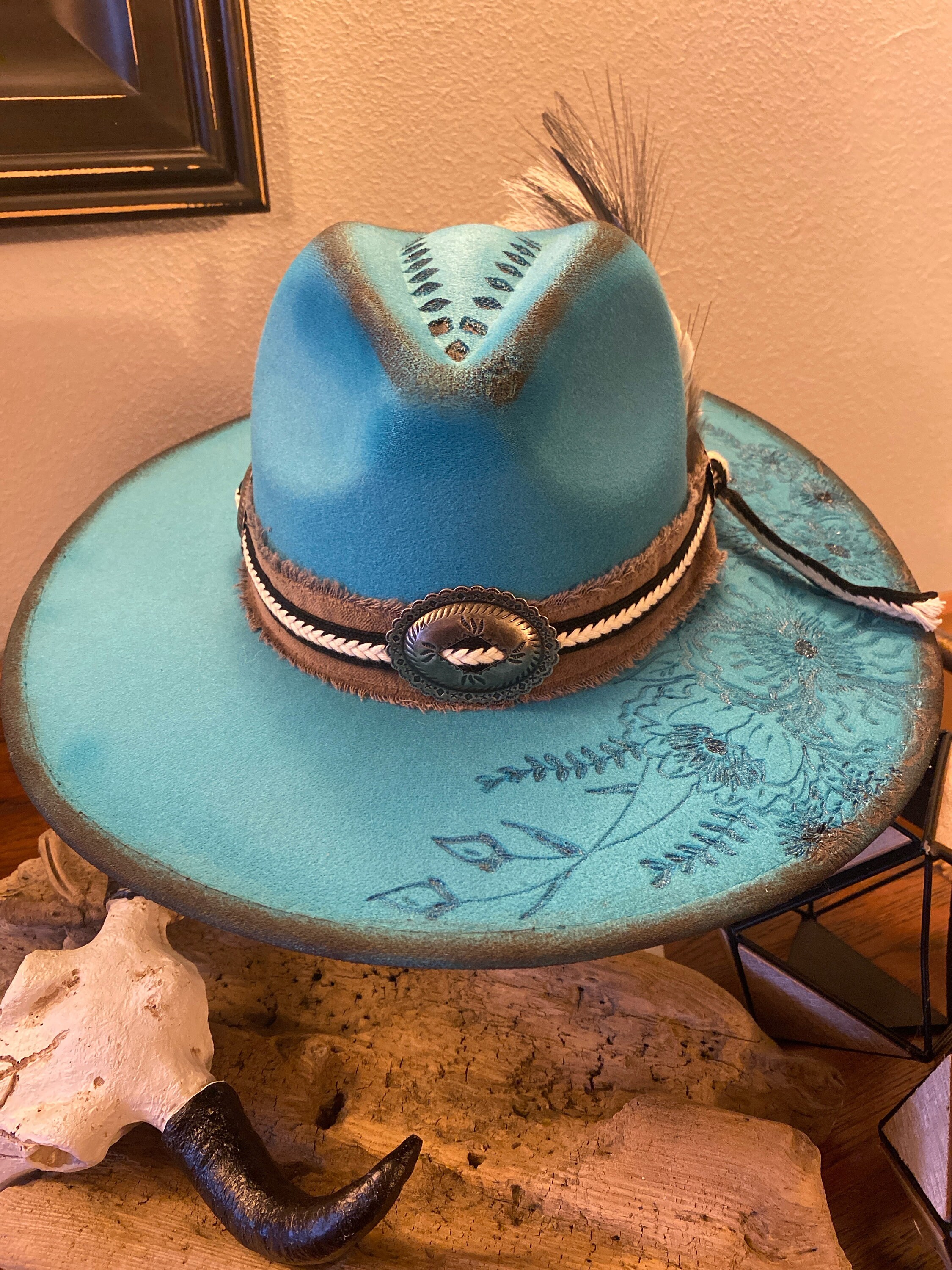 Hand Burned and Distressed Turquoise Wide Flat Brim Rancher Fedora Hat ...