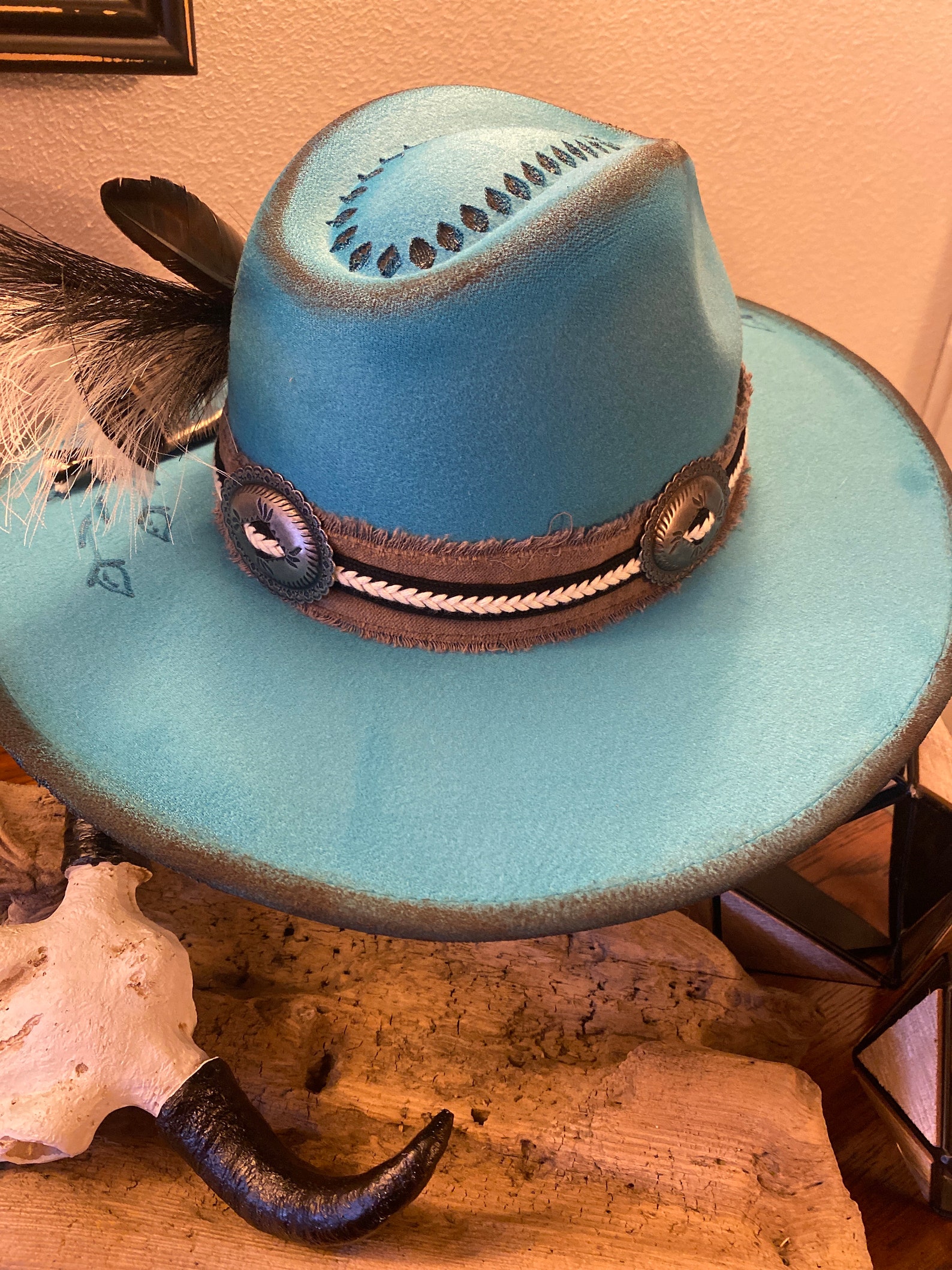 Hand Burned and Distressed Turquoise Wide Flat Brim Rancher Fedora Hat ...