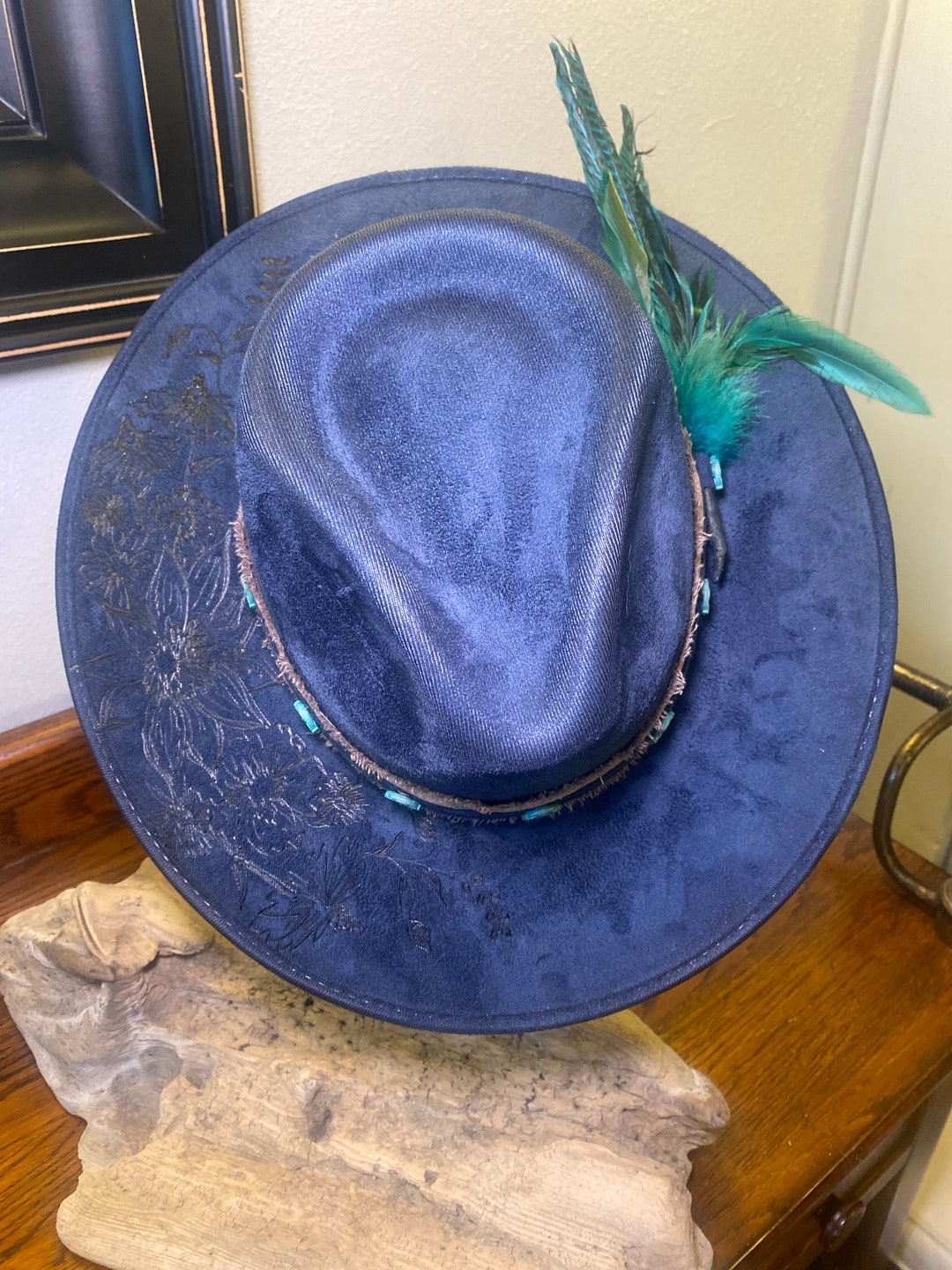 Navy Wide Brim Fedora Rancher Hat With Hand Burned Florals, Gray and ...