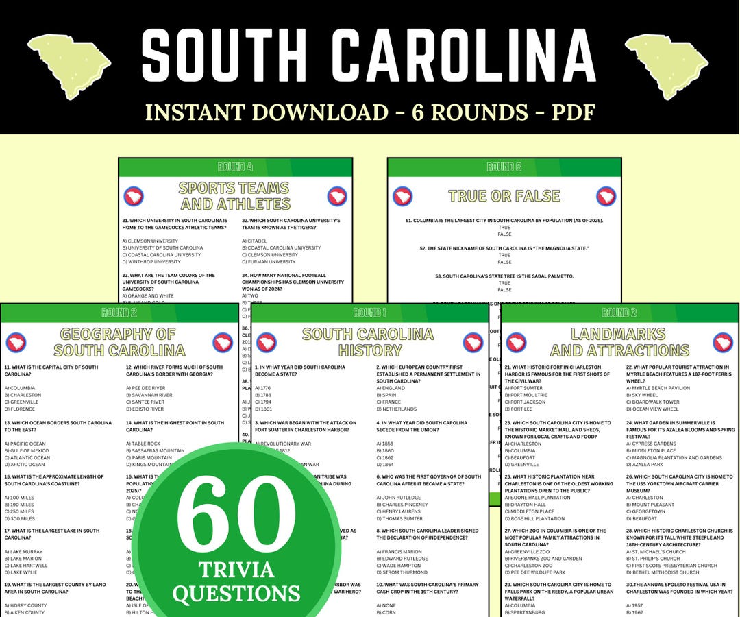 South Carolina State Trivia Questions Printable | US States Learning ...