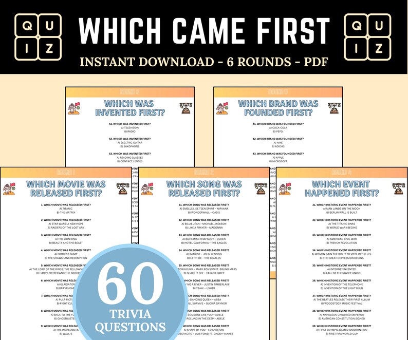 Which Came First Trivia Game | Printable Party Quiz | Summer Trivia ...
