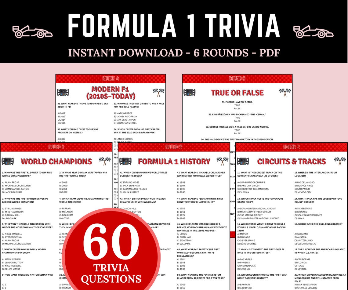 Formula 1 Trivia Game Printable | Race Watch Party Game | Formula 1 ...