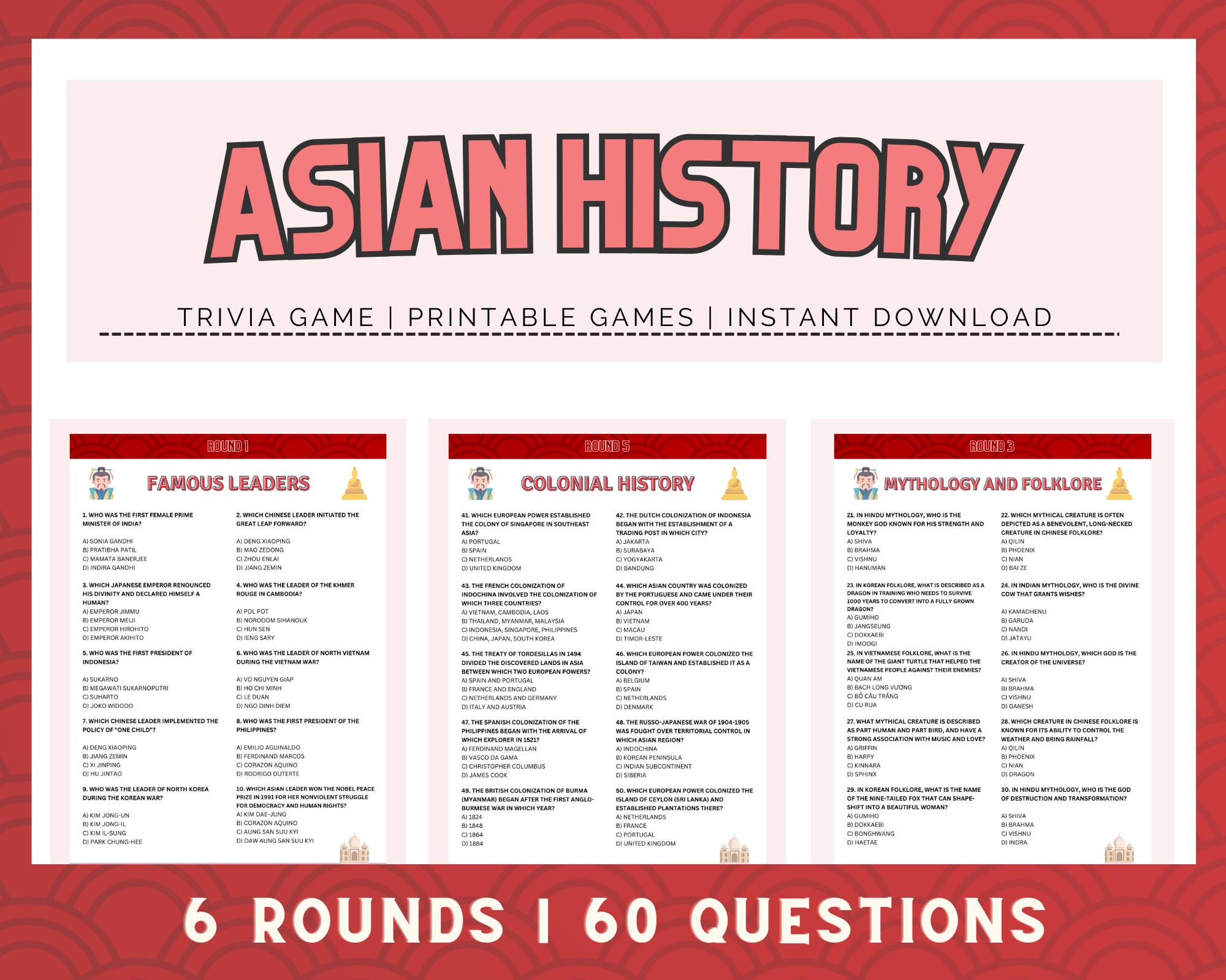 Asian History Trivia | Printable Trivia Game | 60 Trivia Questions for ...