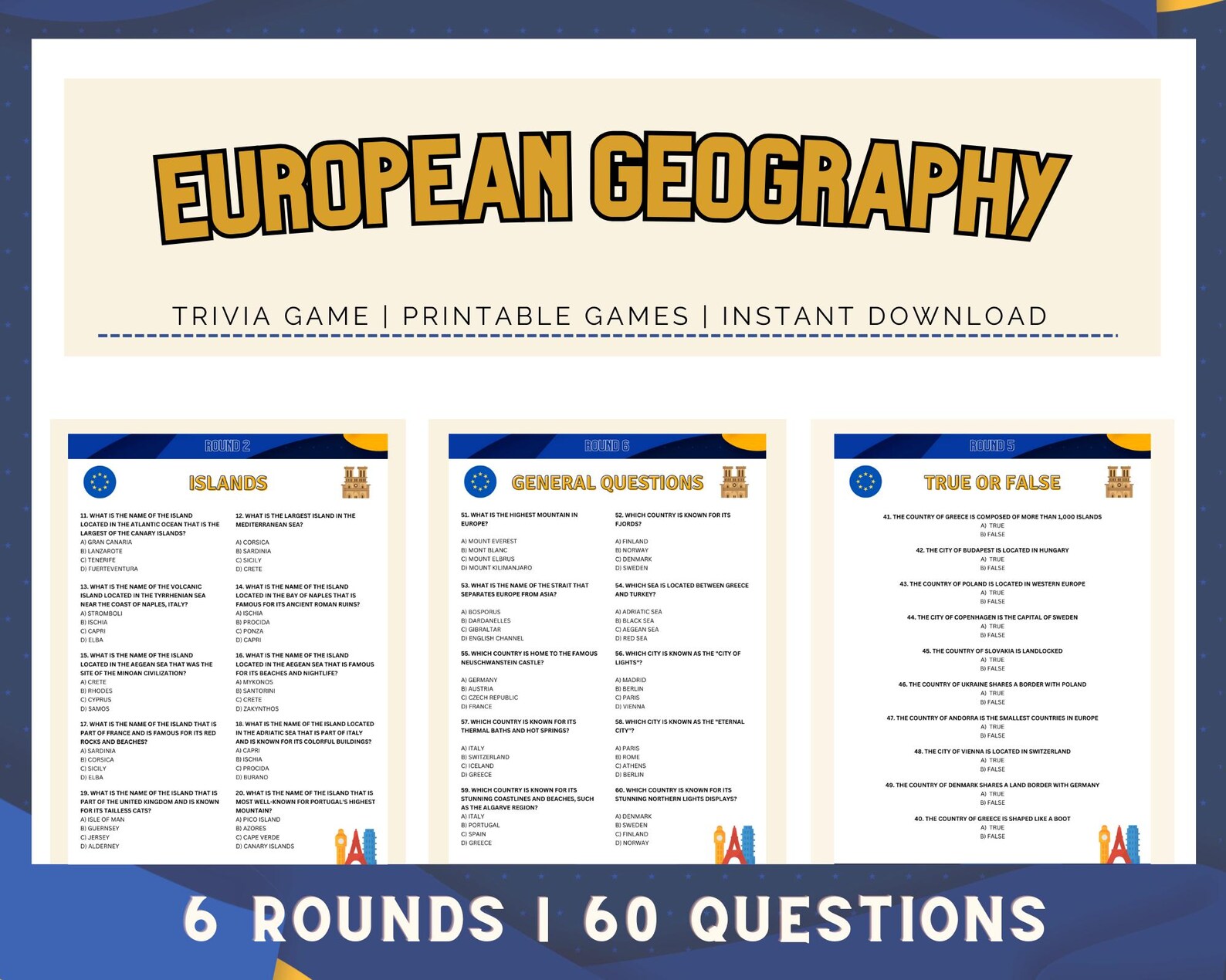 European Geography Trivia | Printable Trivia Game | 60 Trivia Night ...