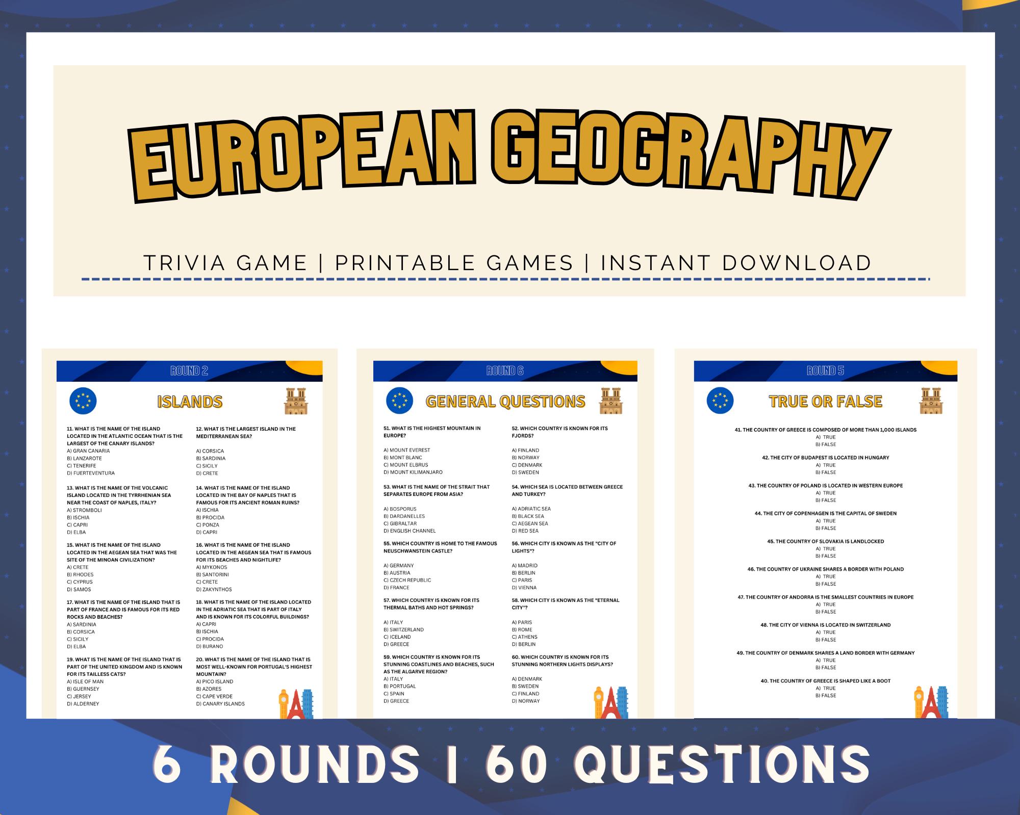 European Geography Trivia | Printable Trivia Game | 60 Trivia Night ...