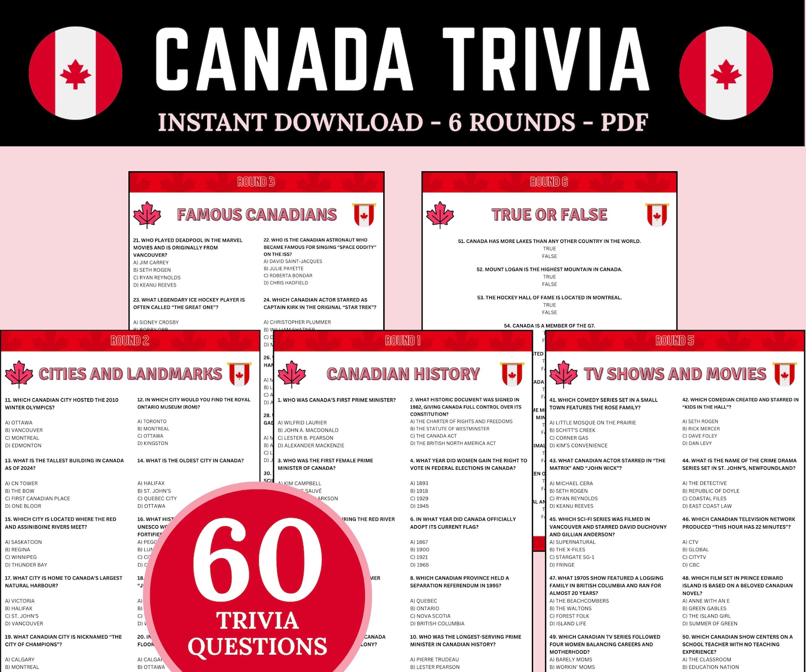 Canada Trivia Game | Printable Canadian History Questions | Canada Day ...