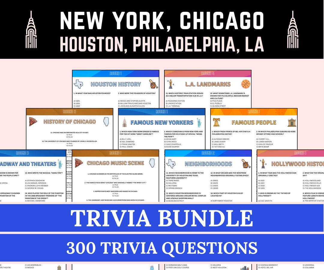 American Big Cities Trivia Bundle, Famous Us Cities Questions, USA Road ...