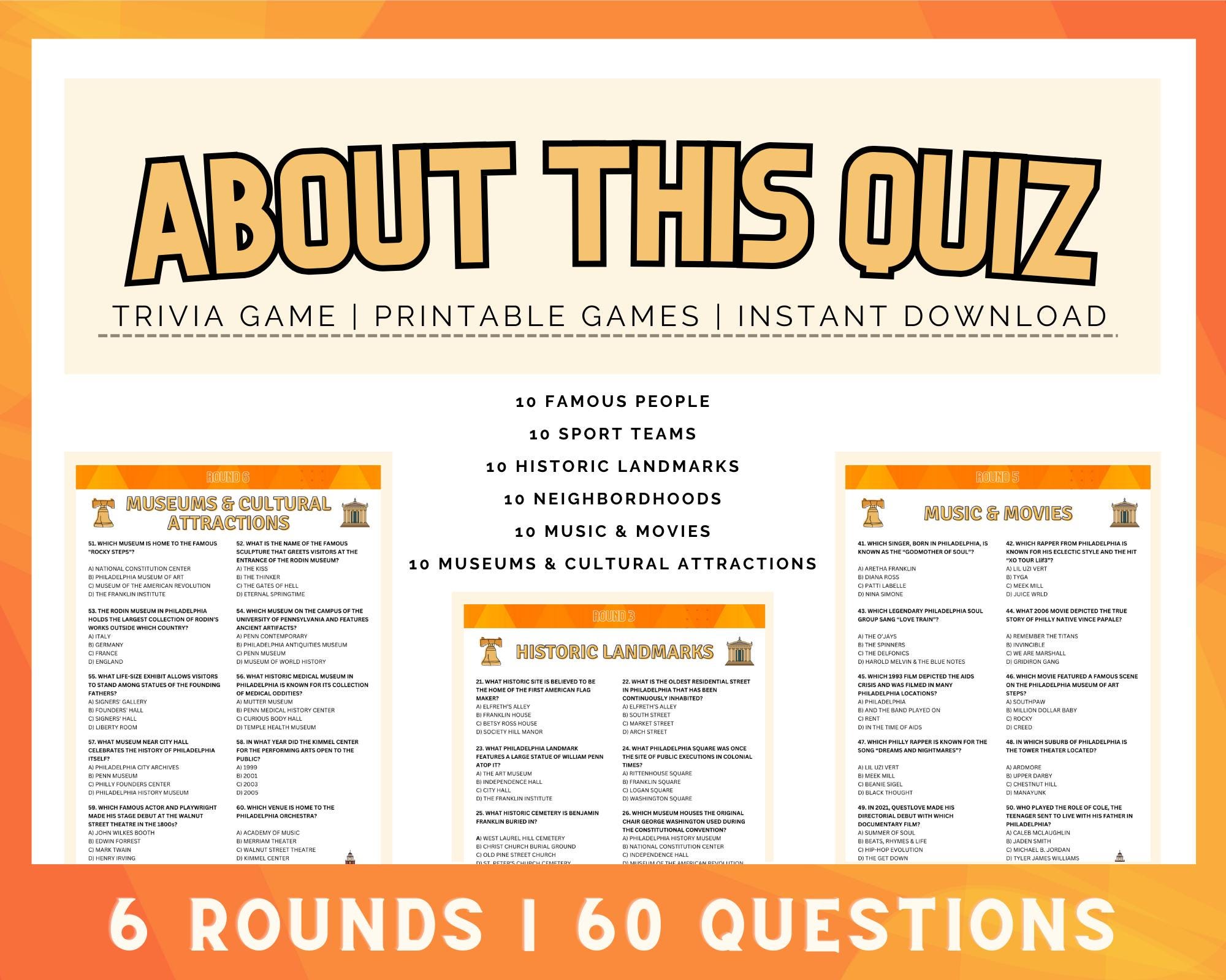 Philadelphia Trivia | Fun Printable Quiz Game | Perfect for Trivia ...