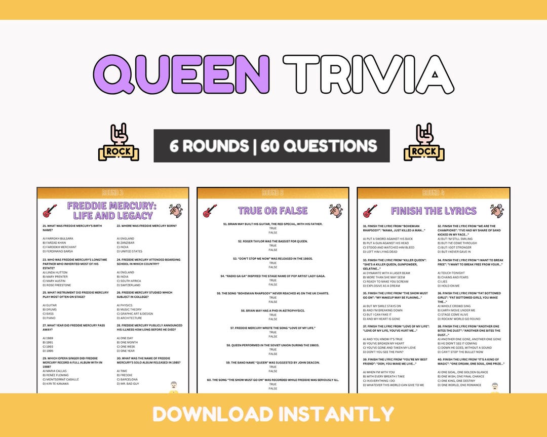 Queen Trivia Game, Printable Queen Music Trivia Quiz, Rock Band Trivia ...