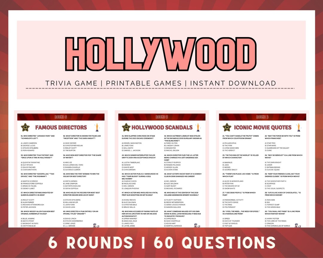 Hollywood Trivia | Movie Trivia | Printable Game for Adults | Trivia ...