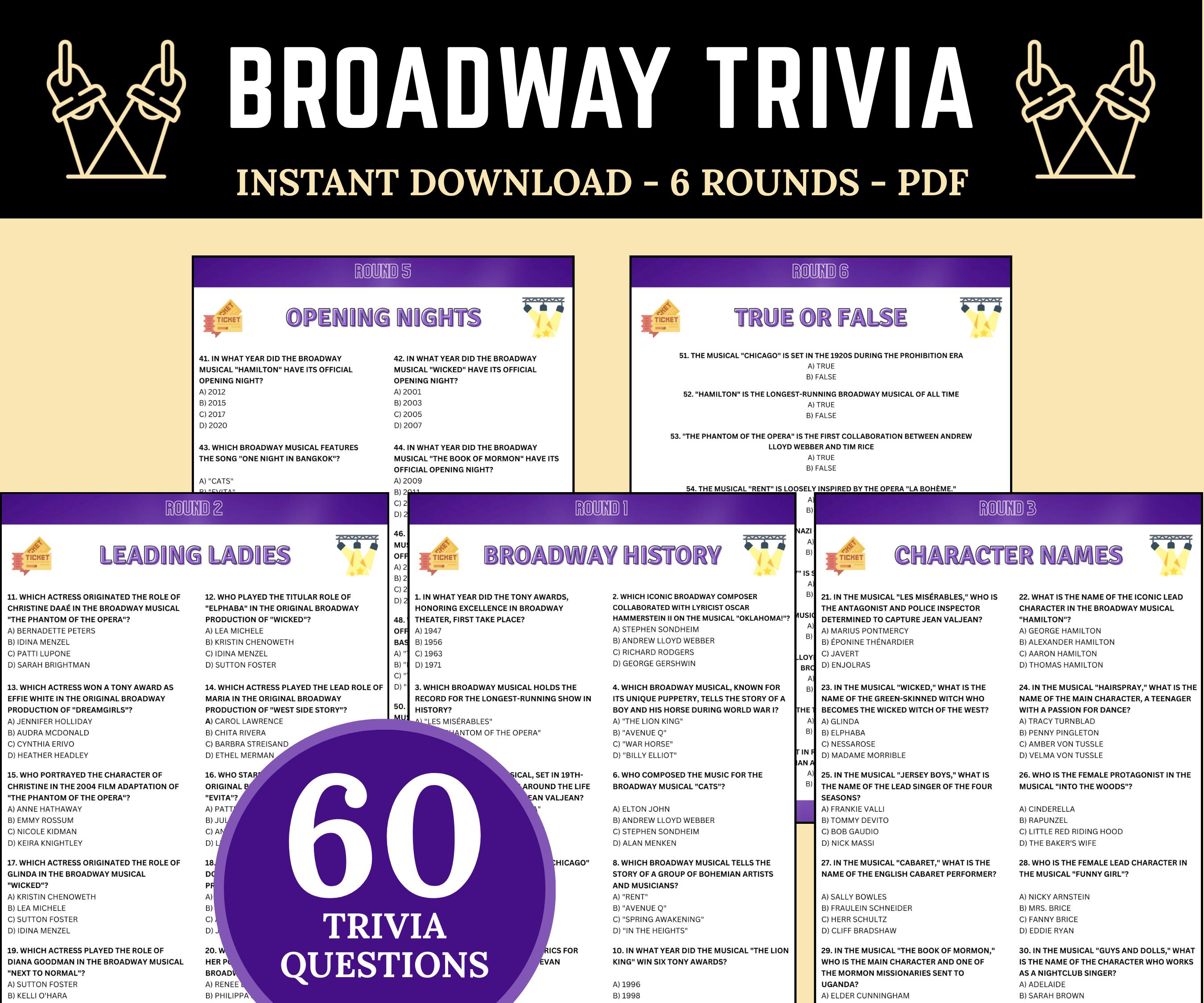 Broadway Musicals Trivia | Printable Trivia Game | Music Trivia Night ...