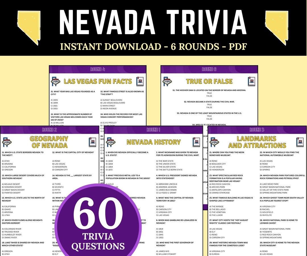Nevada Trivia Game, Printable US States Quiz, US Travel Activity ...