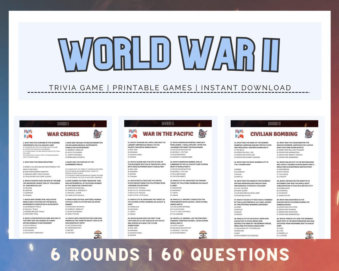 World War II Trivia | Printable Trivia Game | 60 Trivia Questions for a ...