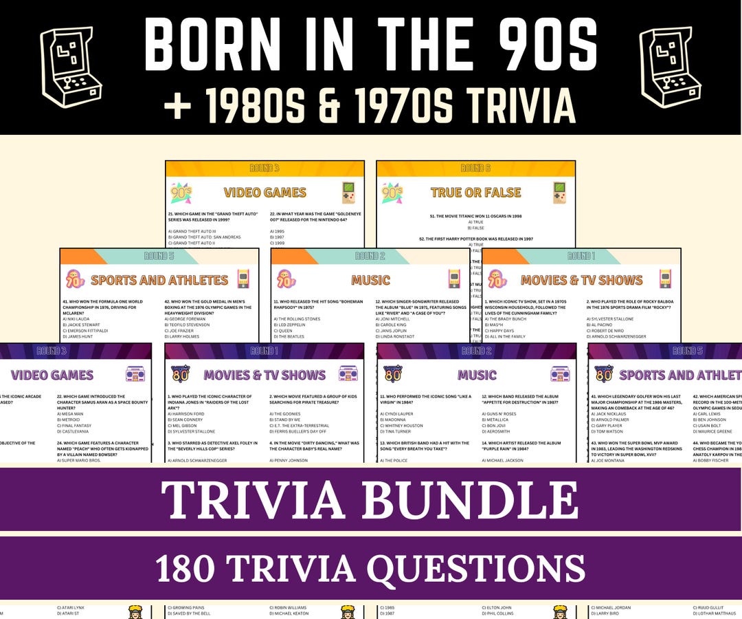 Born in the 70s, 80s, 90s Printable Trivia Game | Decades Party Game ...