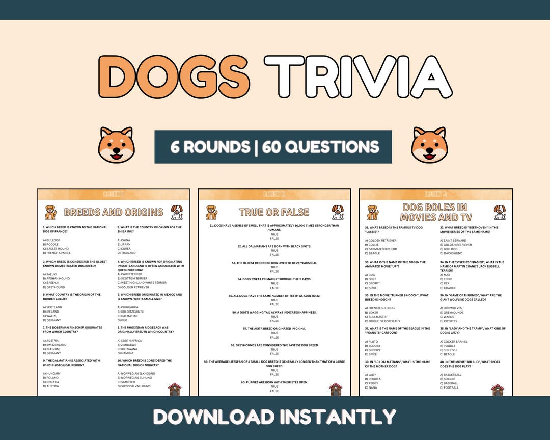 Dog Trivia Game | Printable Dog Party Game | Dog Birthday Game | Pets ...