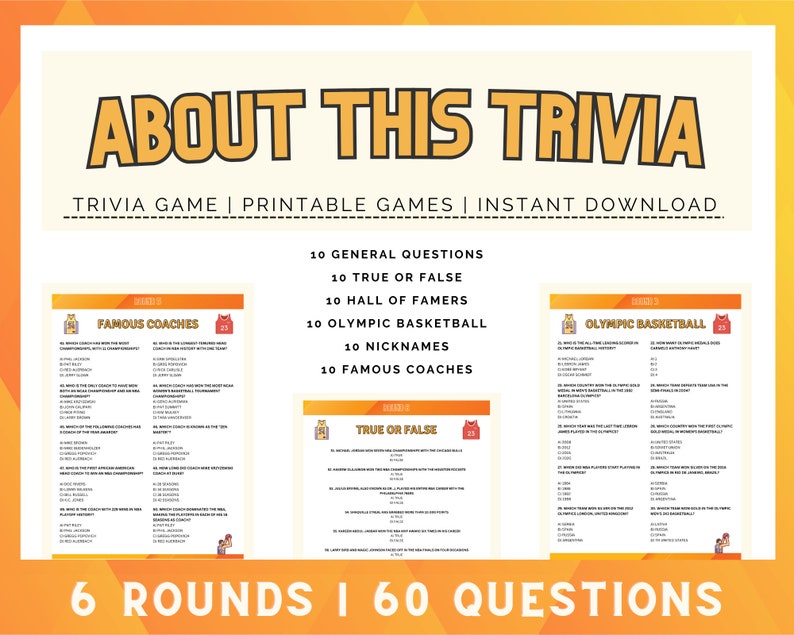 The Basketball Trivia | Fun Printable Trivia Game | 60 Trivia Questions ...