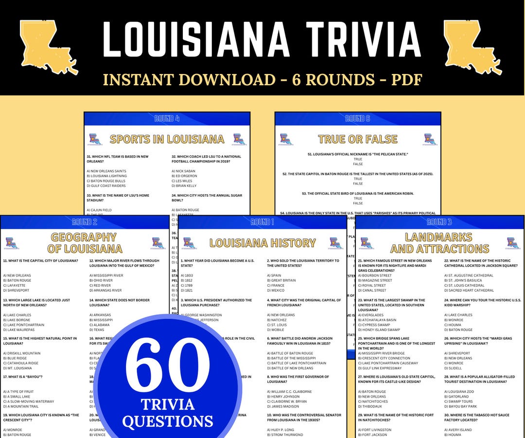 Louisiana Trivia, Printable US States Quiz, USA Travel Game, Louisiana ...