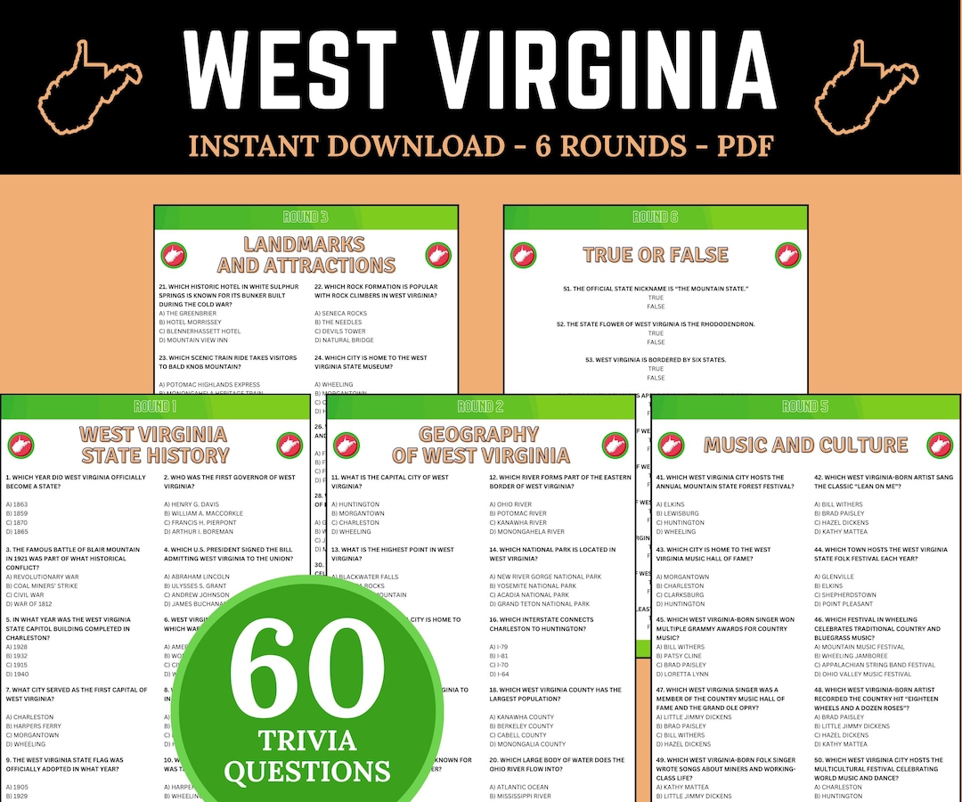 West Virginia Trivia Game, Printable West Virginia Quiz, US States ...