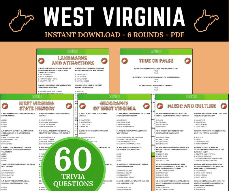 West Virginia Trivia Game, Printable West Virginia Quiz, US States ...