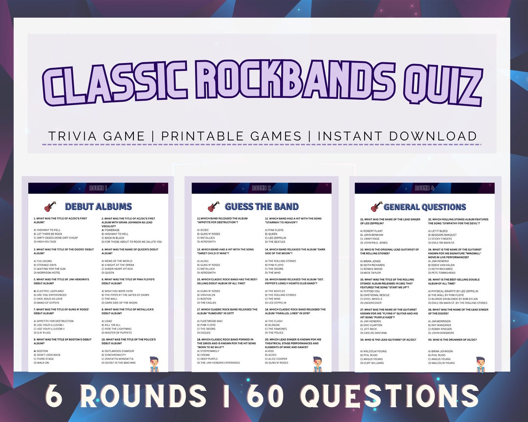 Classic Rock Bands Trivia | | Rock Star Trivia | Printable Trivia Game ...