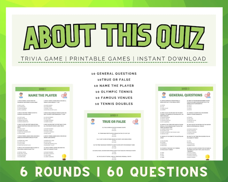 Tennis Trivia | Printable Trivia Game | 60 Trivia Questions for Trivia ...