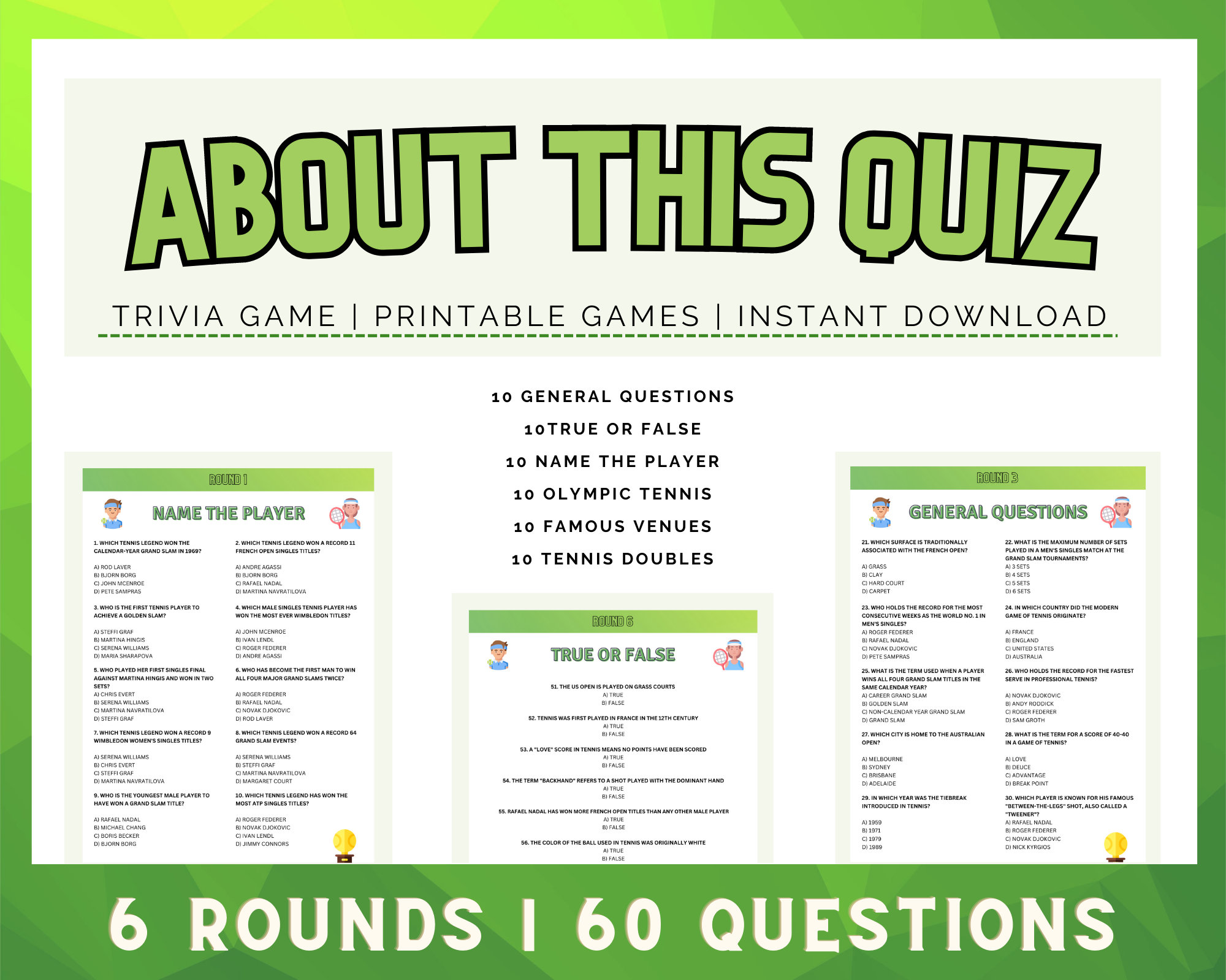 Tennis Trivia | Printable Trivia Game | 60 Trivia Questions for Trivia ...