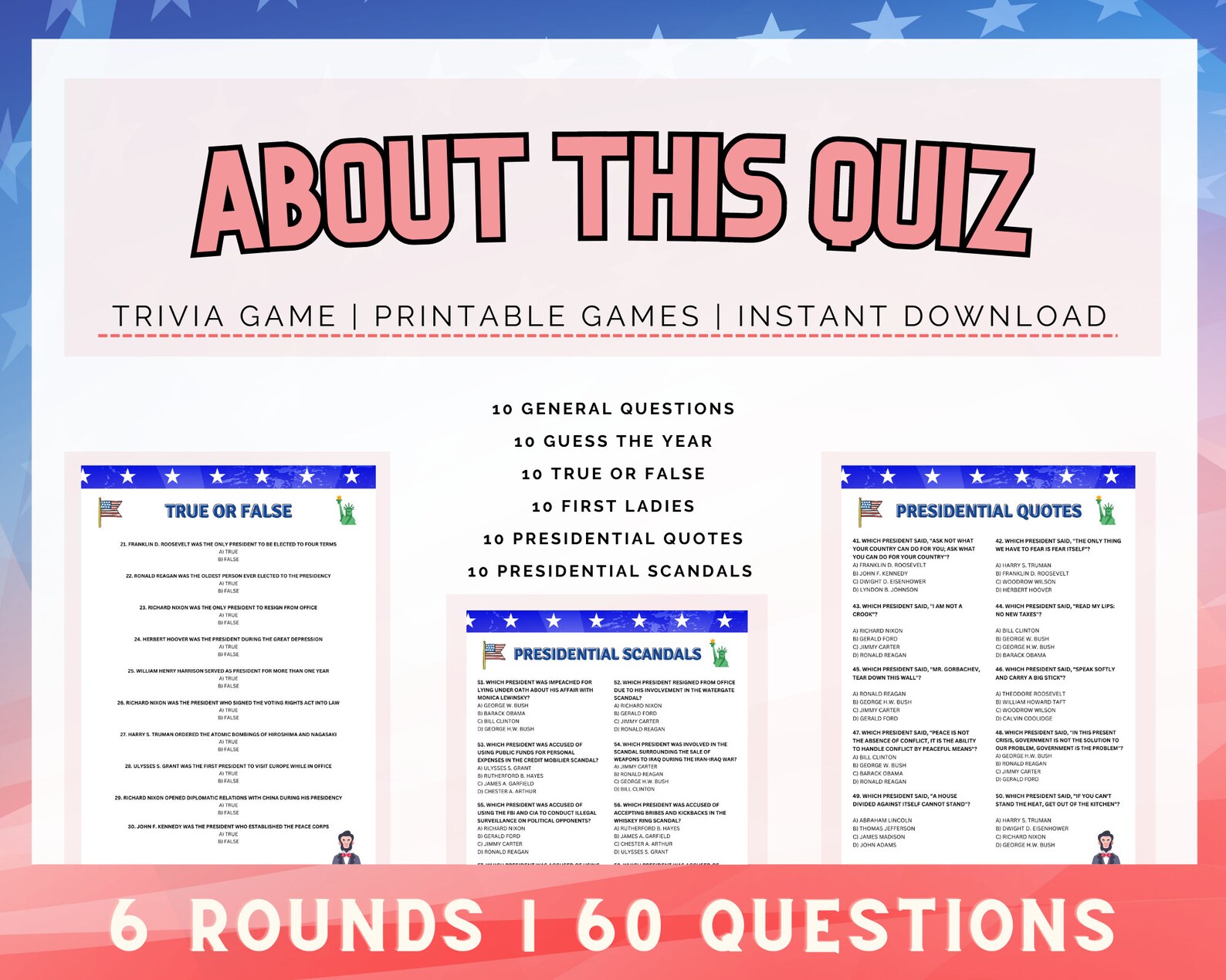 United States President Trivia | Printable Trivia Game | 60 Trivia ...