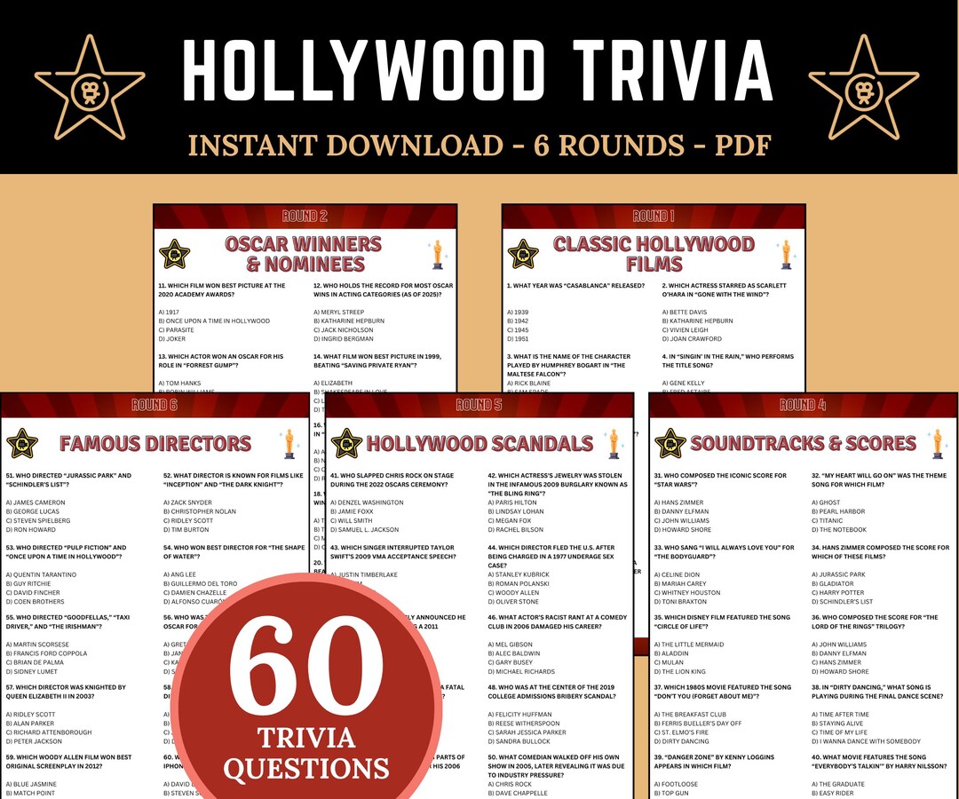 Hollywood Trivia | Movie Trivia | Printable Game for Adults | Trivia ...