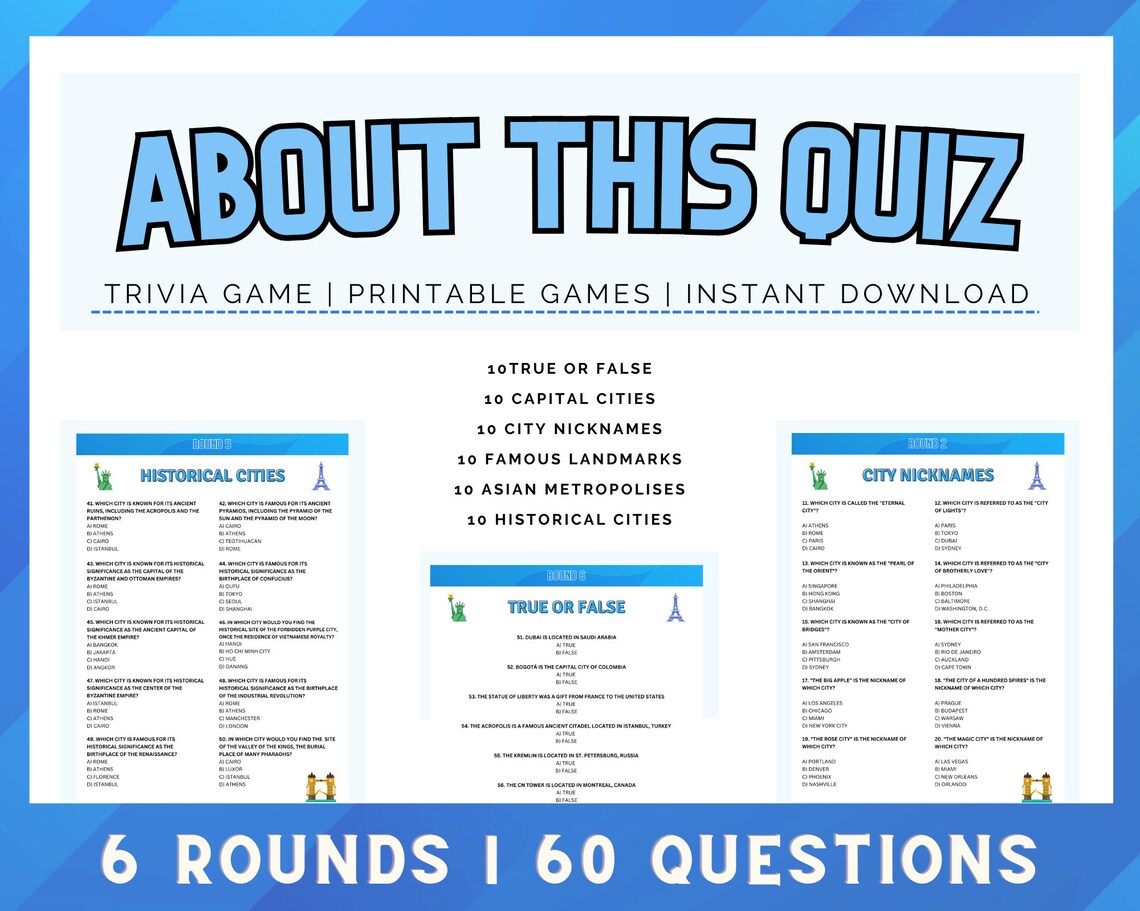 Major Cities Trivia | Printable Trivia | 60 Trivia Questions for a ...