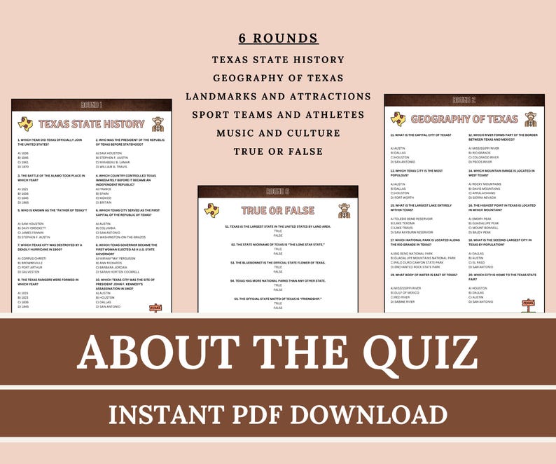 Texas Trivia Game, Printable US States, Fun Texas State Quiz, Texas ...