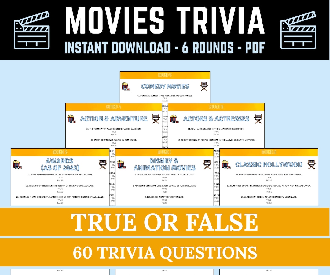True or False Movie Trivia Game Printable | Movie Quiz for Family Night ...