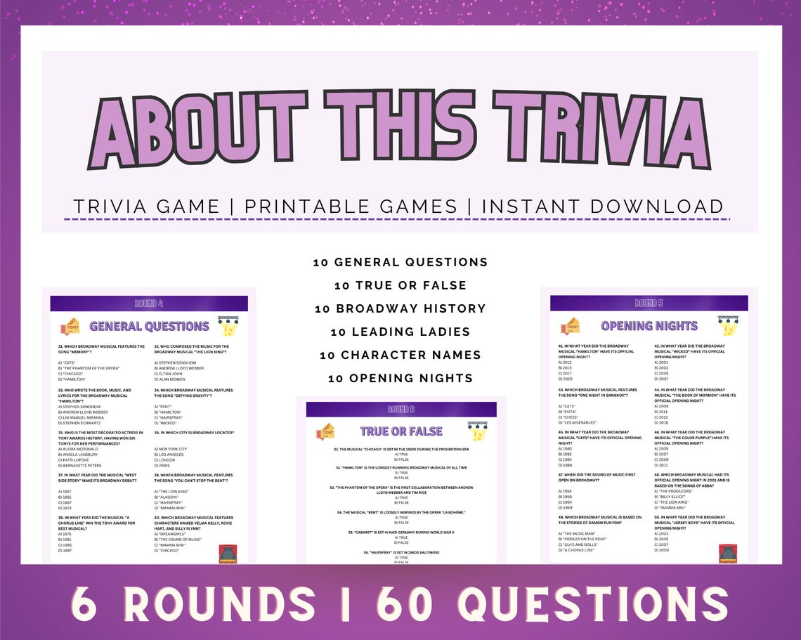 Broadway Musicals Trivia | Printable Trivia Game | 60 Trivia Night ...