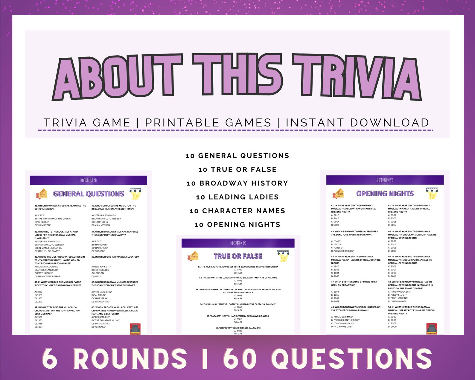 Broadway Musicals Trivia | Printable Trivia Game | 60 Trivia Night ...