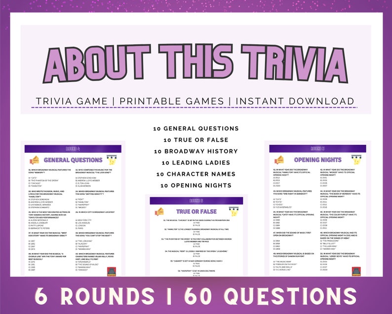 Broadway Musicals Trivia | Printable Trivia Game | 60 Trivia Night ...