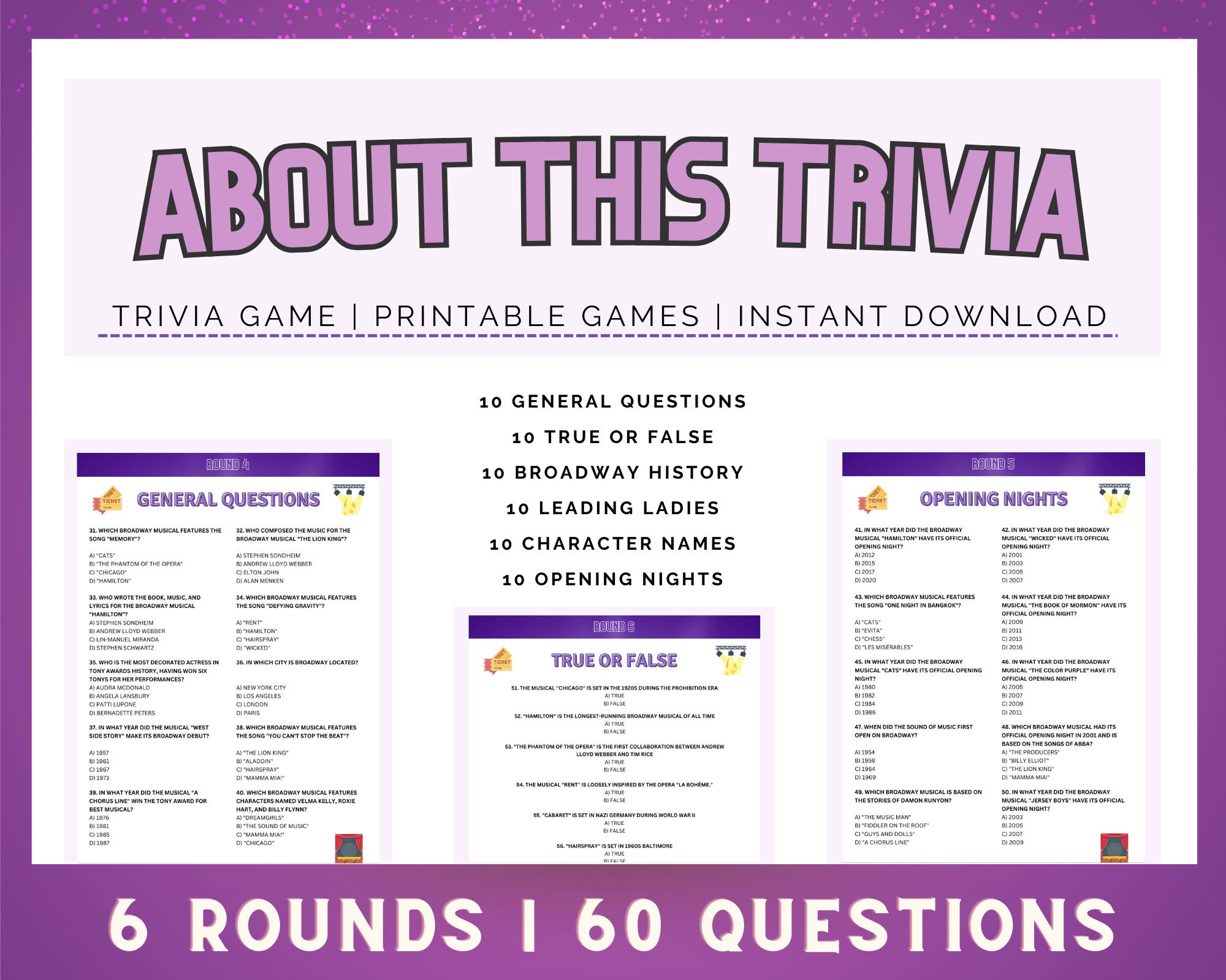 Broadway Musicals Trivia | Printable Trivia Game | 60 Trivia Night Questions | Broadway Quiz ...