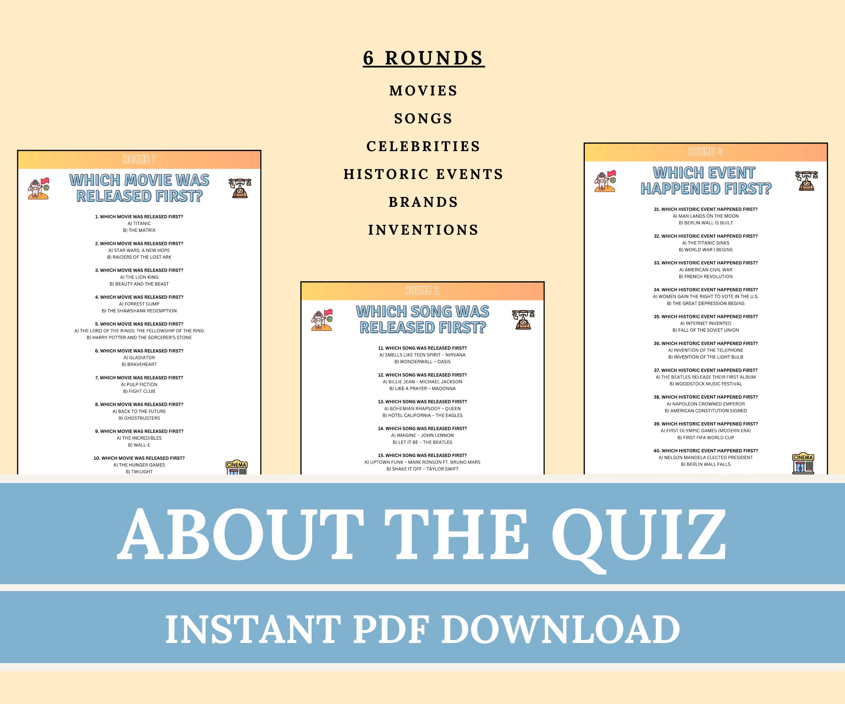 Which Came First Trivia Game | Printable Party Quiz | Summer Trivia ...