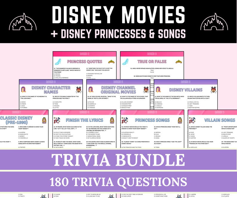 Disney Movies, Disney Songs, Disney Princesses Trivia Bundle, Disney ...