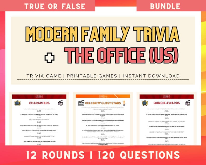Trivia Bundle | Modern Family & the Office True or False | Printable ...