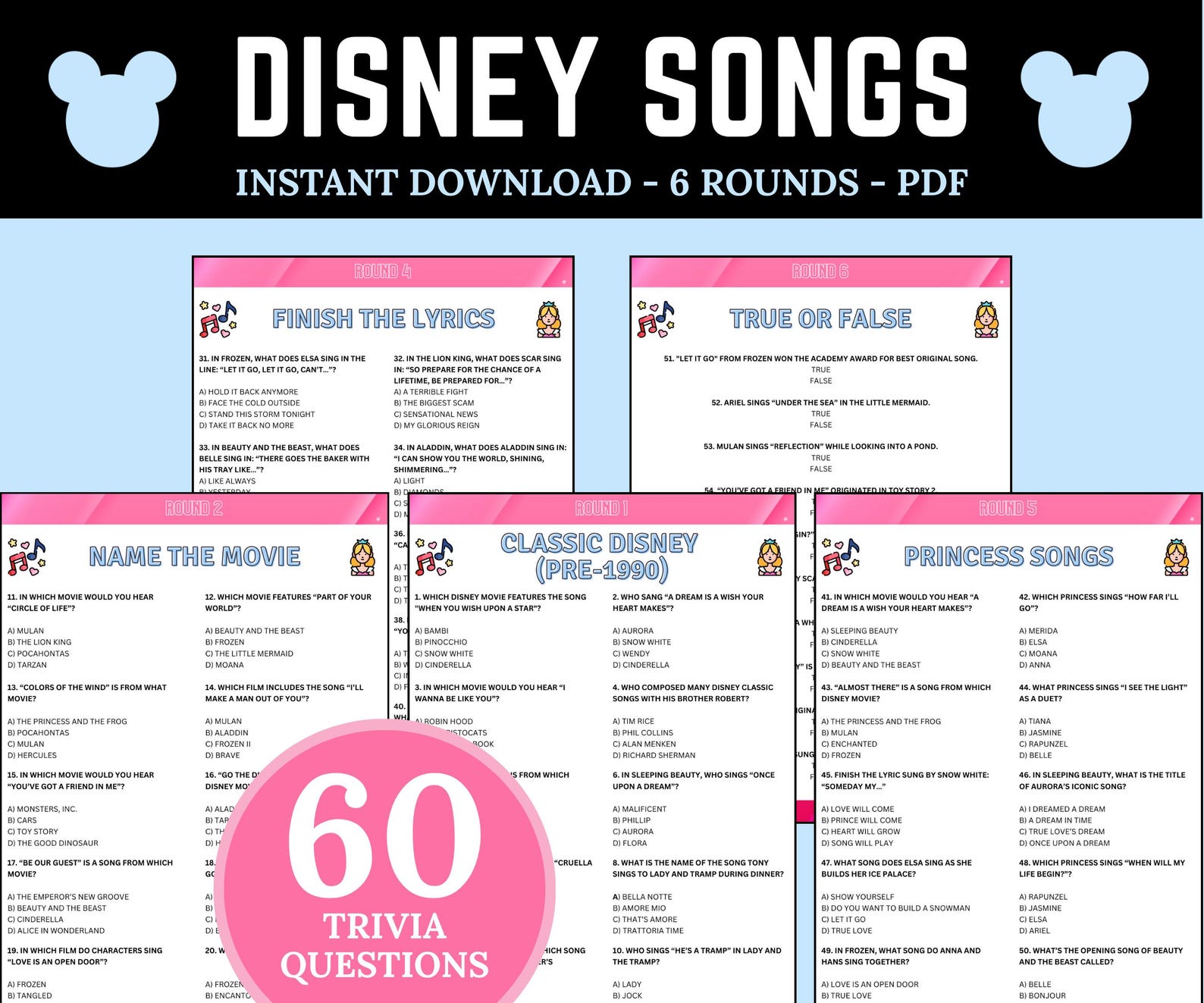 Disney Songs Trivia | Printable Disney Song Lyrics Game | Disney ...