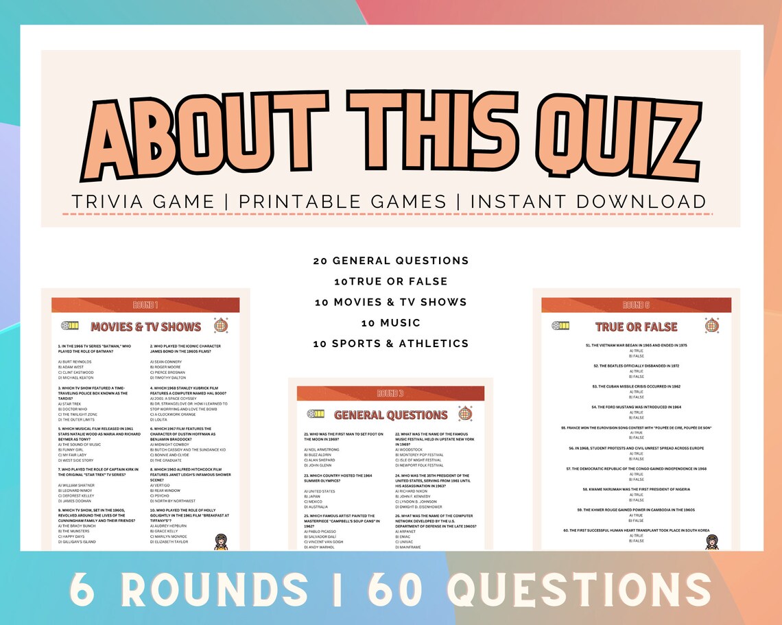 Born in the 60s Trivia | Fun Printable Trivia Game | 60 Trivia Night ...