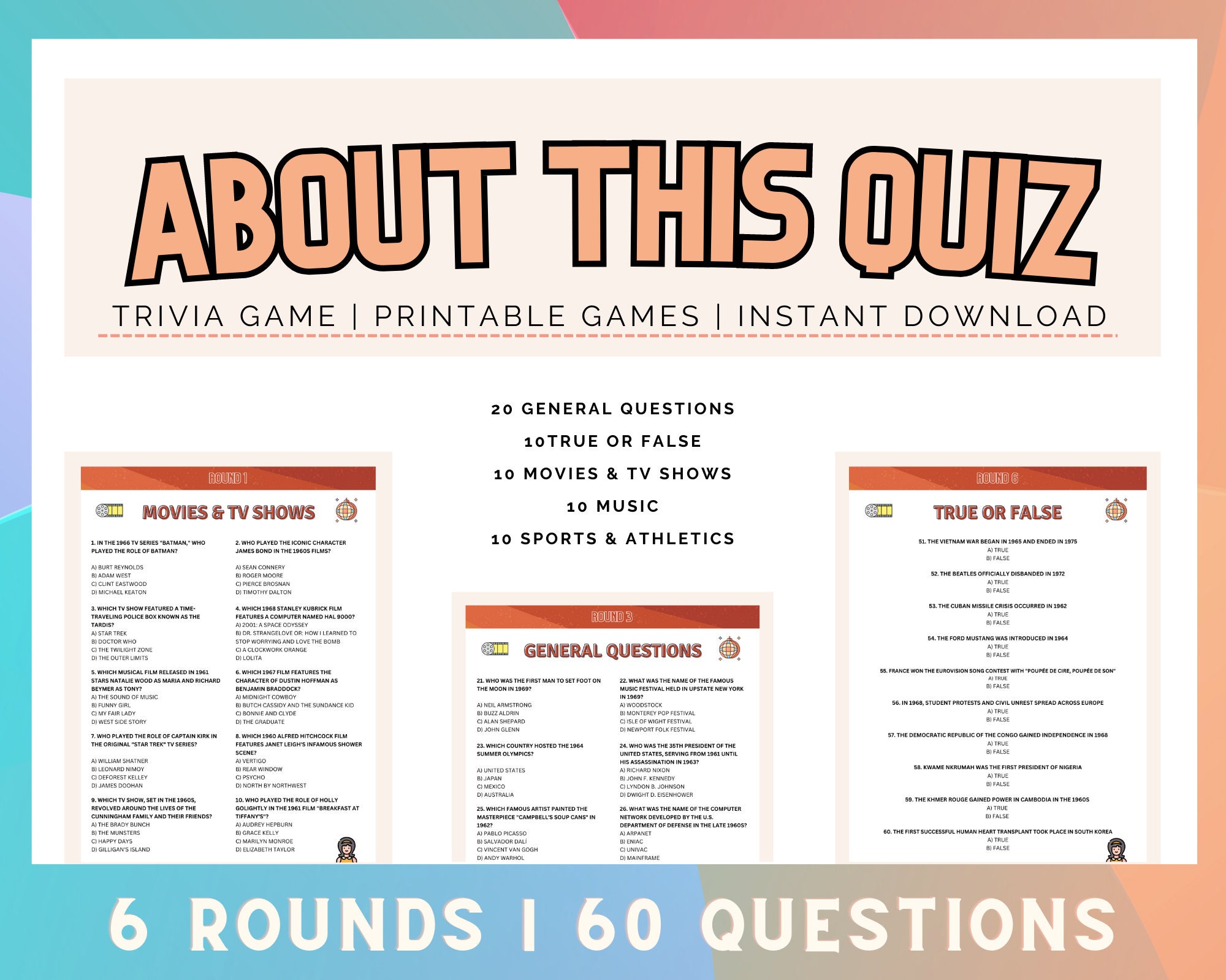 Born in the 60s Trivia | Fun Printable Trivia Game | 60 Trivia Night ...